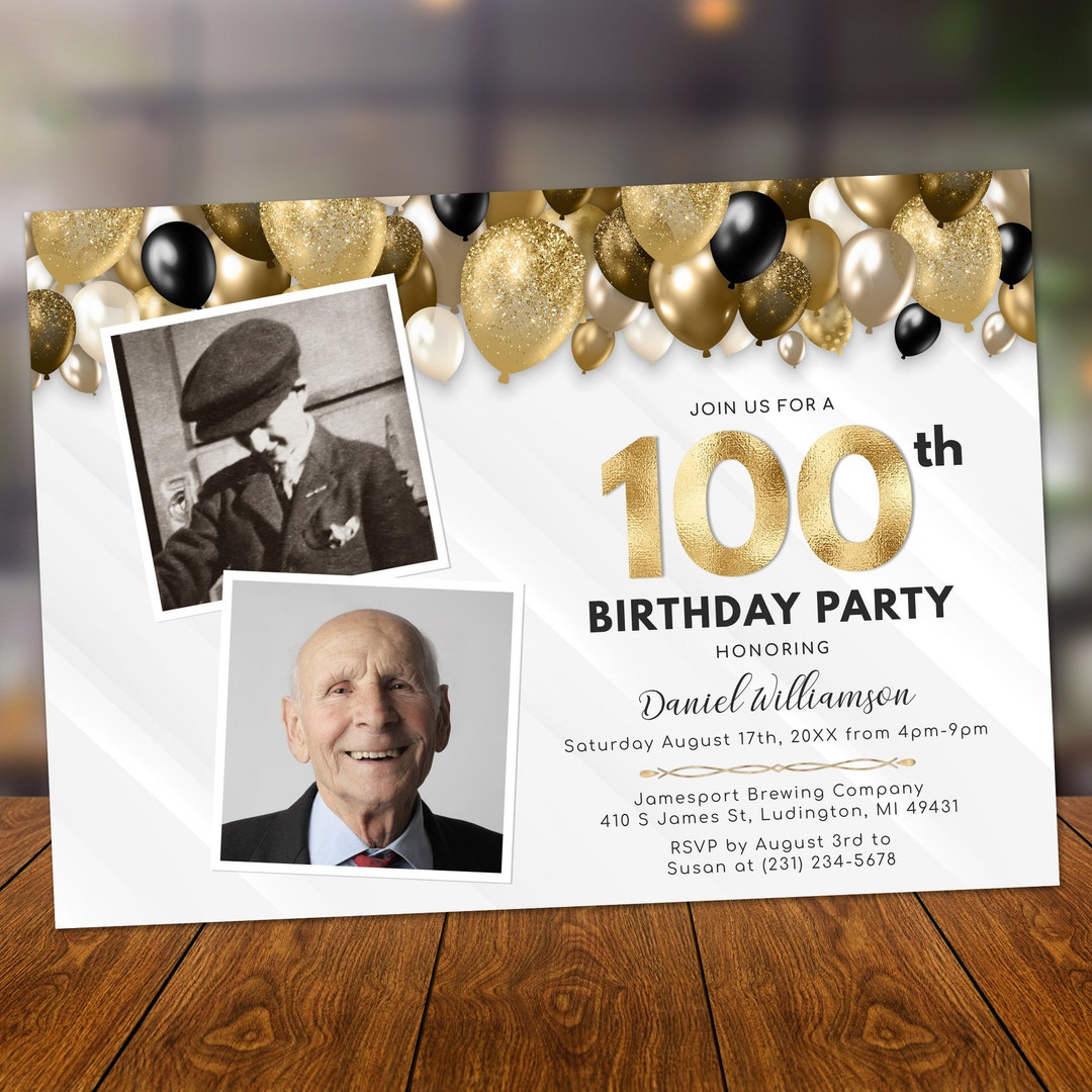 Balloons 100th Birthday 2 Photo Invitation - Adult Birthday Invite ...