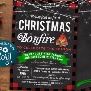 Christmas Bonfire Invitation, Flannel Christmas Party Invite, Holiday ...