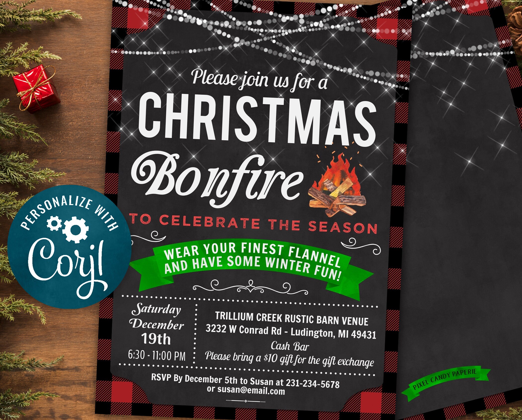 Christmas Bonfire Invitation, Flannel Christmas Party Invite, Holiday ...