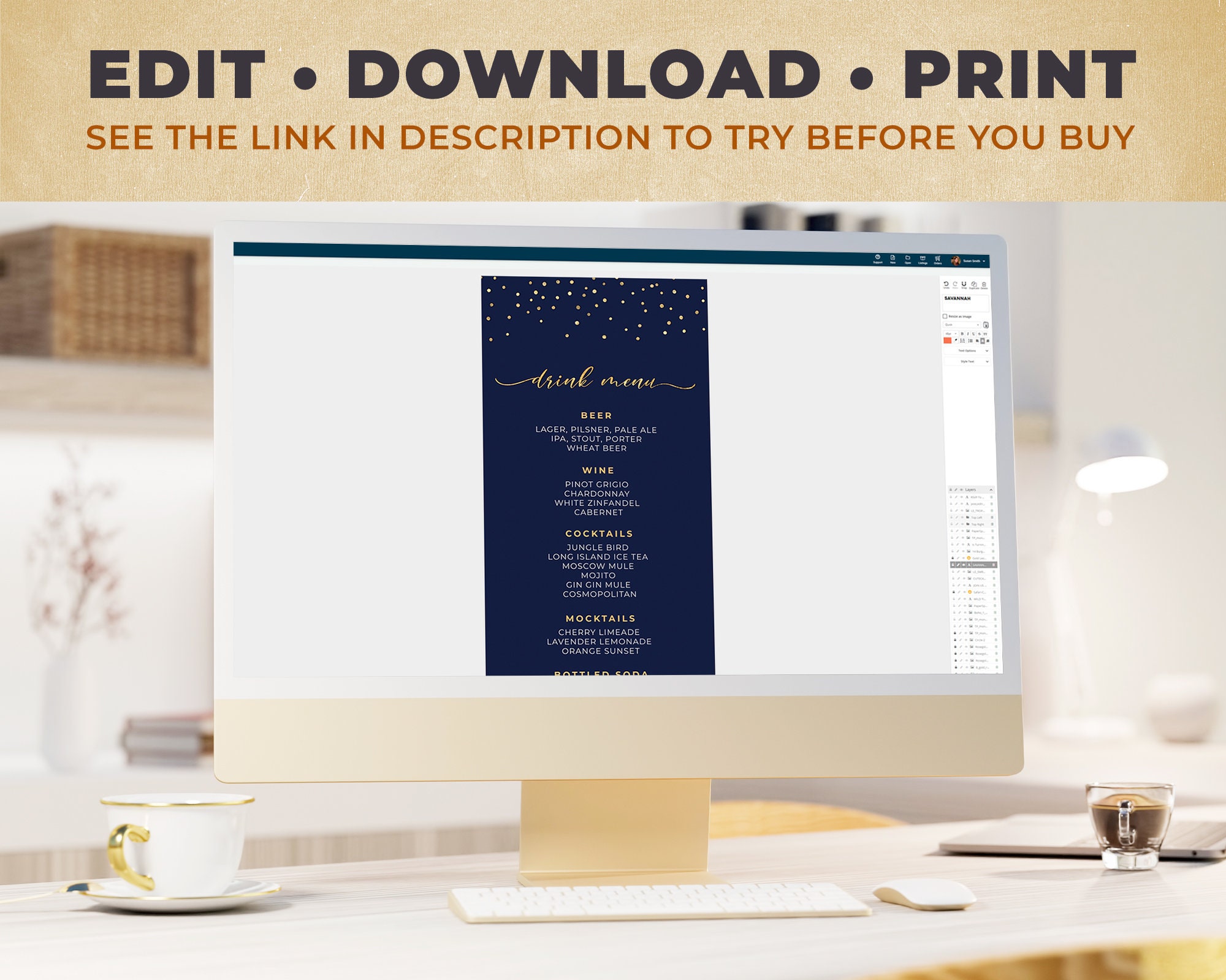 Navy Blue and Gold Menu Card - Menu Template and Drink Menu Event Menu ...