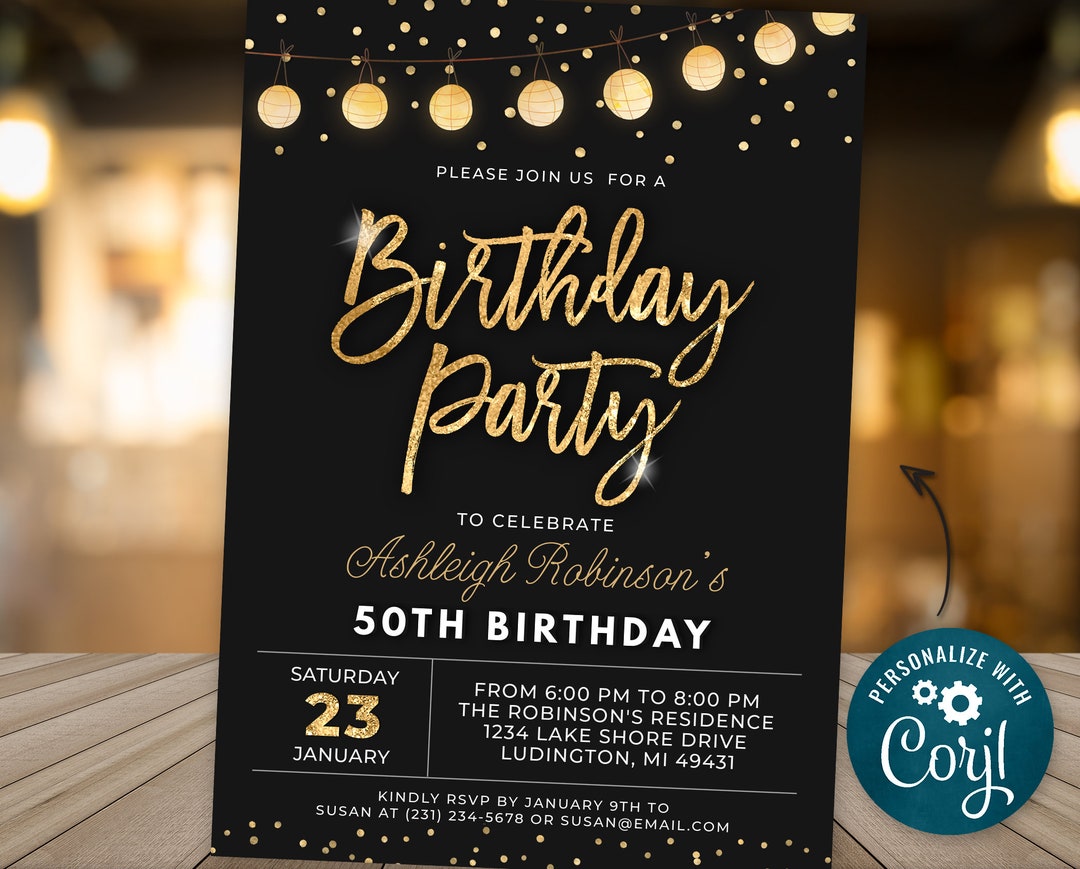 Birthday Party Invitation Elegant Invite Black and Gold Sparkle Glitter ...