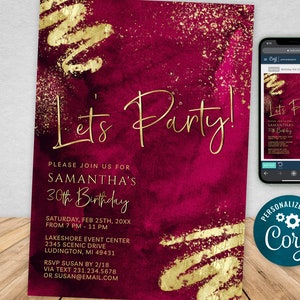 Luxury Maroon Red and Gold Birthday Party Invitation Template Digital ...
