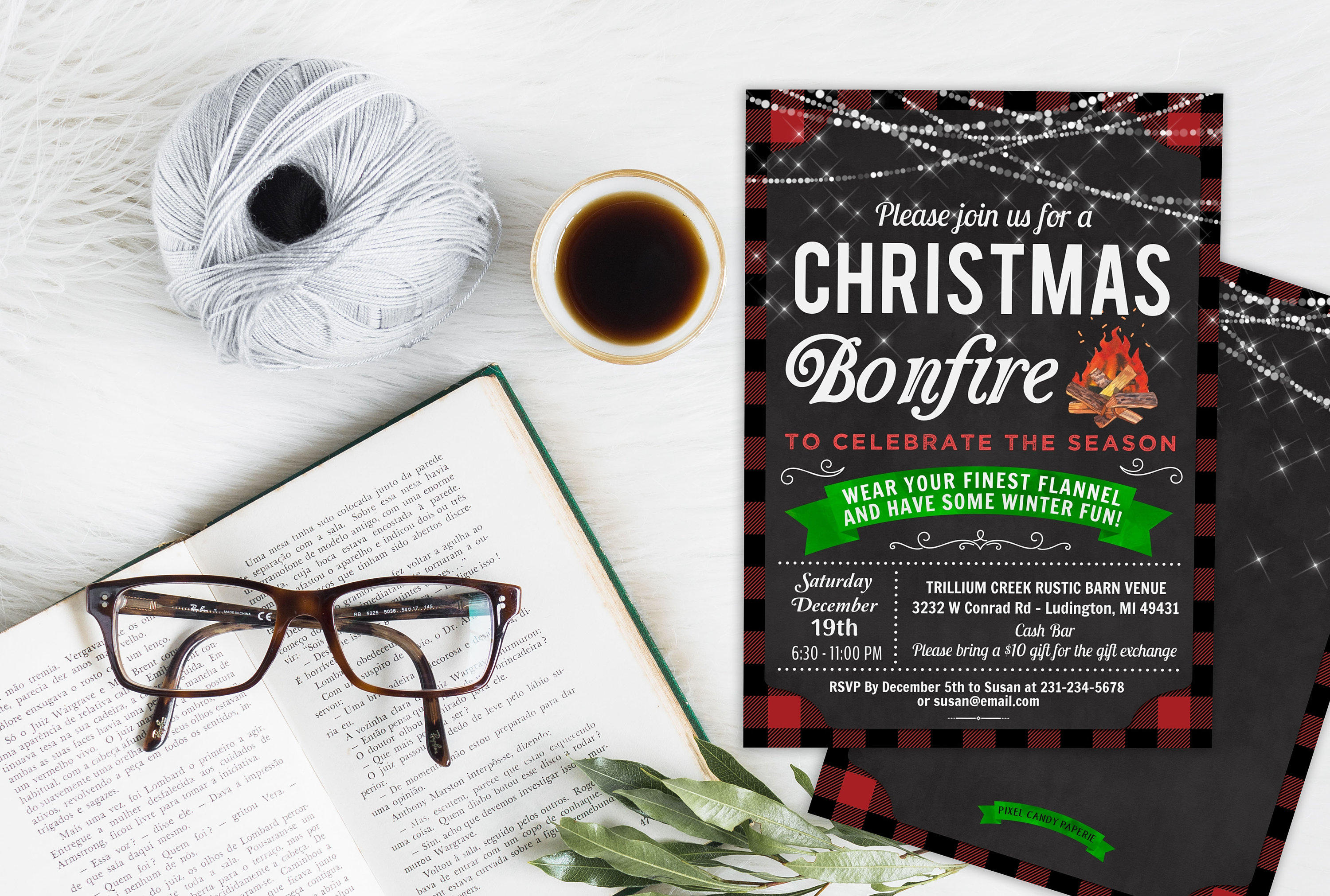 Christmas Bonfire Invitation, Flannel Christmas Party Invite, Holiday ...