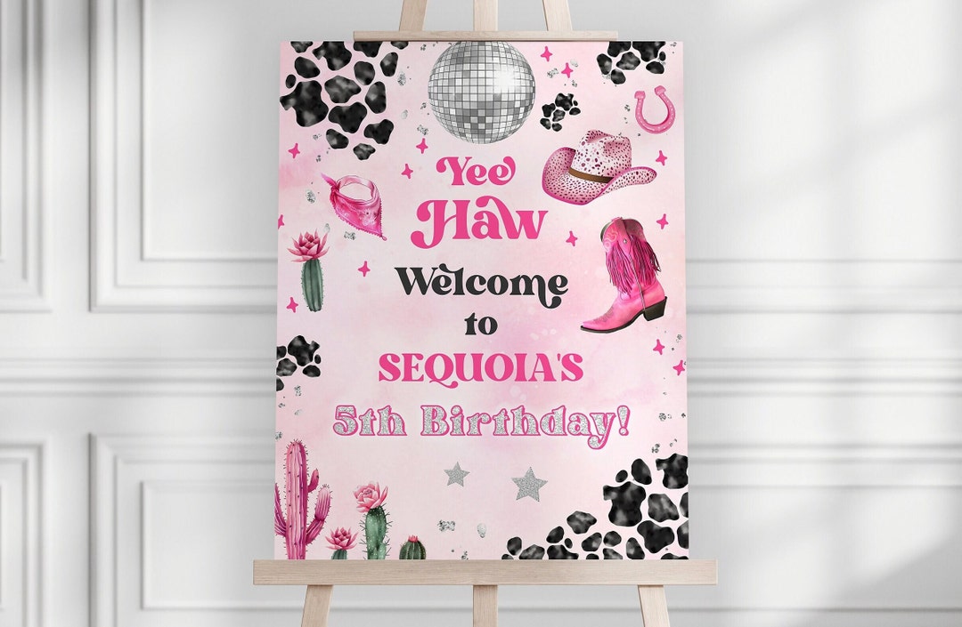 Editable Space Cowgirl Welcome Sign - Pink Disco Cowgirl Party ...