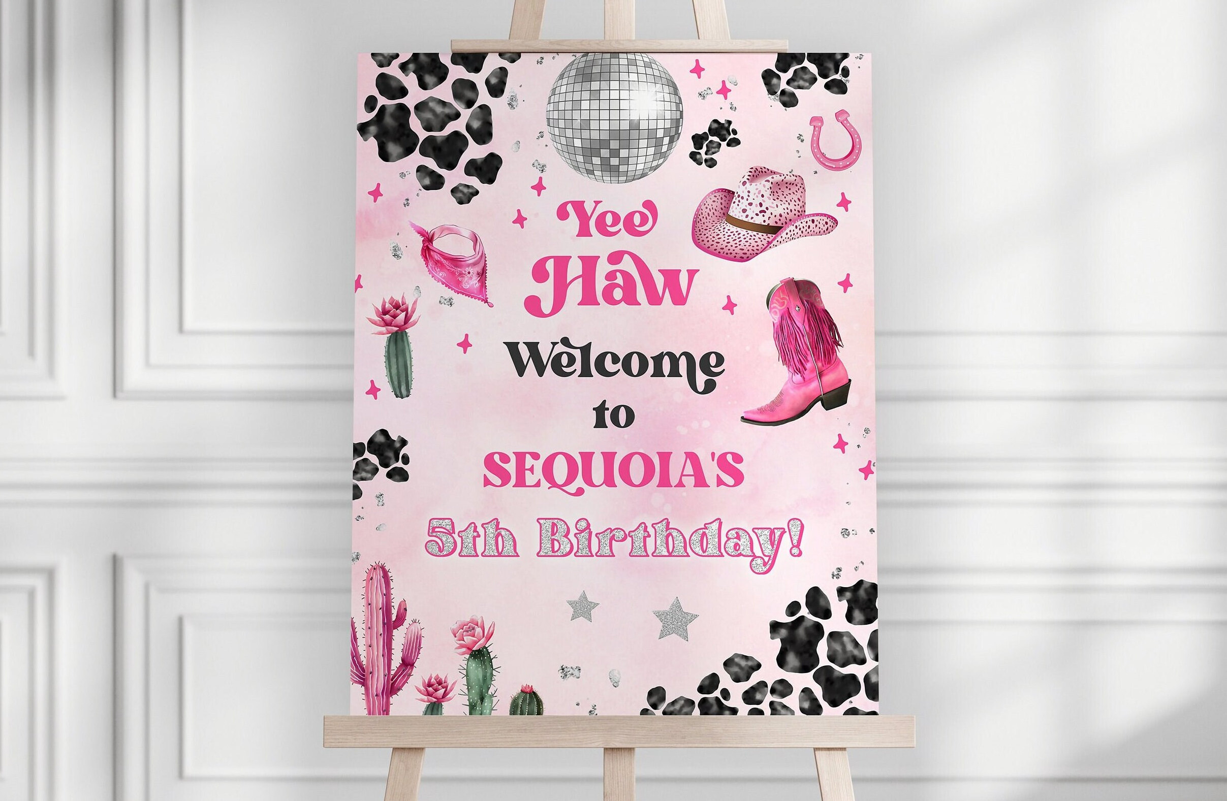 Editable Space Cowgirl Welcome Sign - Pink Disco Cowgirl Party ...