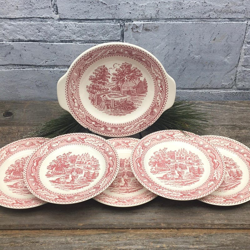 Red Transferware Plates - Etsy