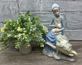 Vintage Lladro Porcelain Figurine girl With Wheelbarrow Holding Lamb ...