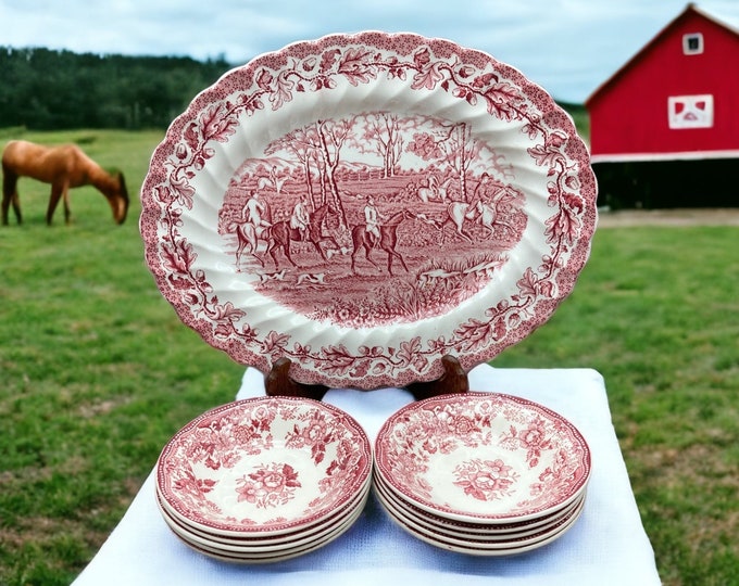 CLASSIC Red / Pink Transferware ~myotts "country Life" Oval Platter OR ...