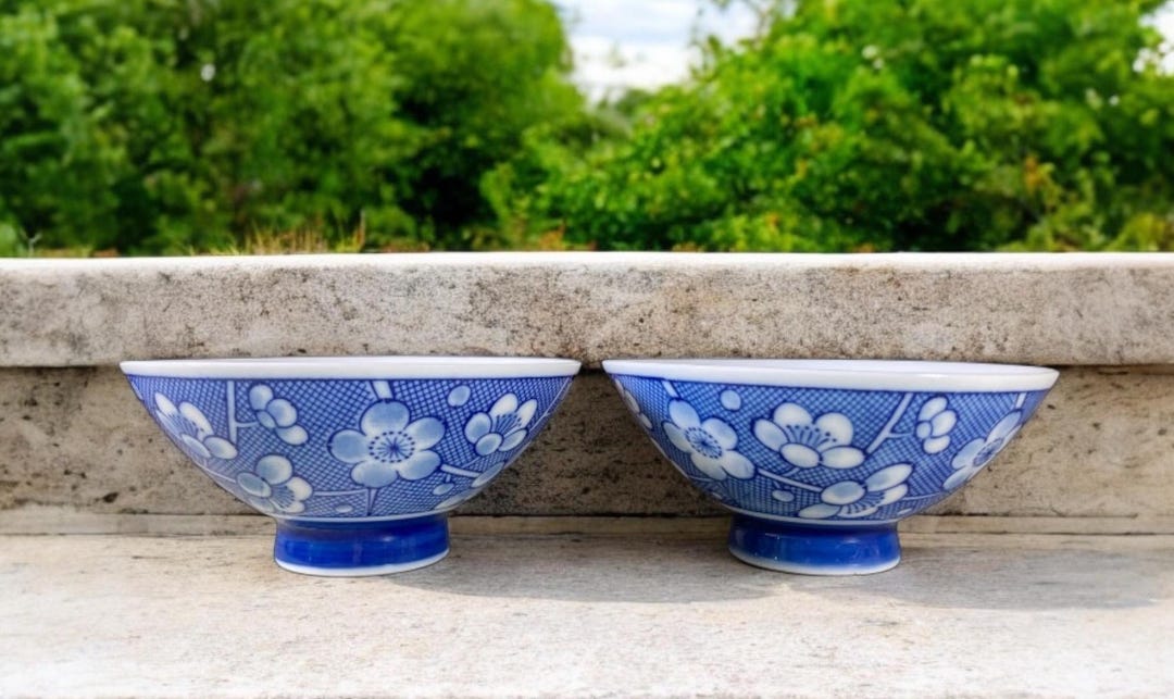 TWO Pedestal Porcelain Rice Bowls Cobalt Blue Floral Design japanese ...