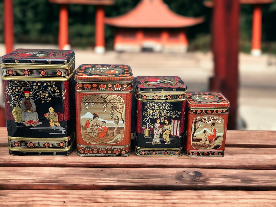 RARE Oriental Themed ~nesting Metal Hinged Canister Set (4) Storage ...