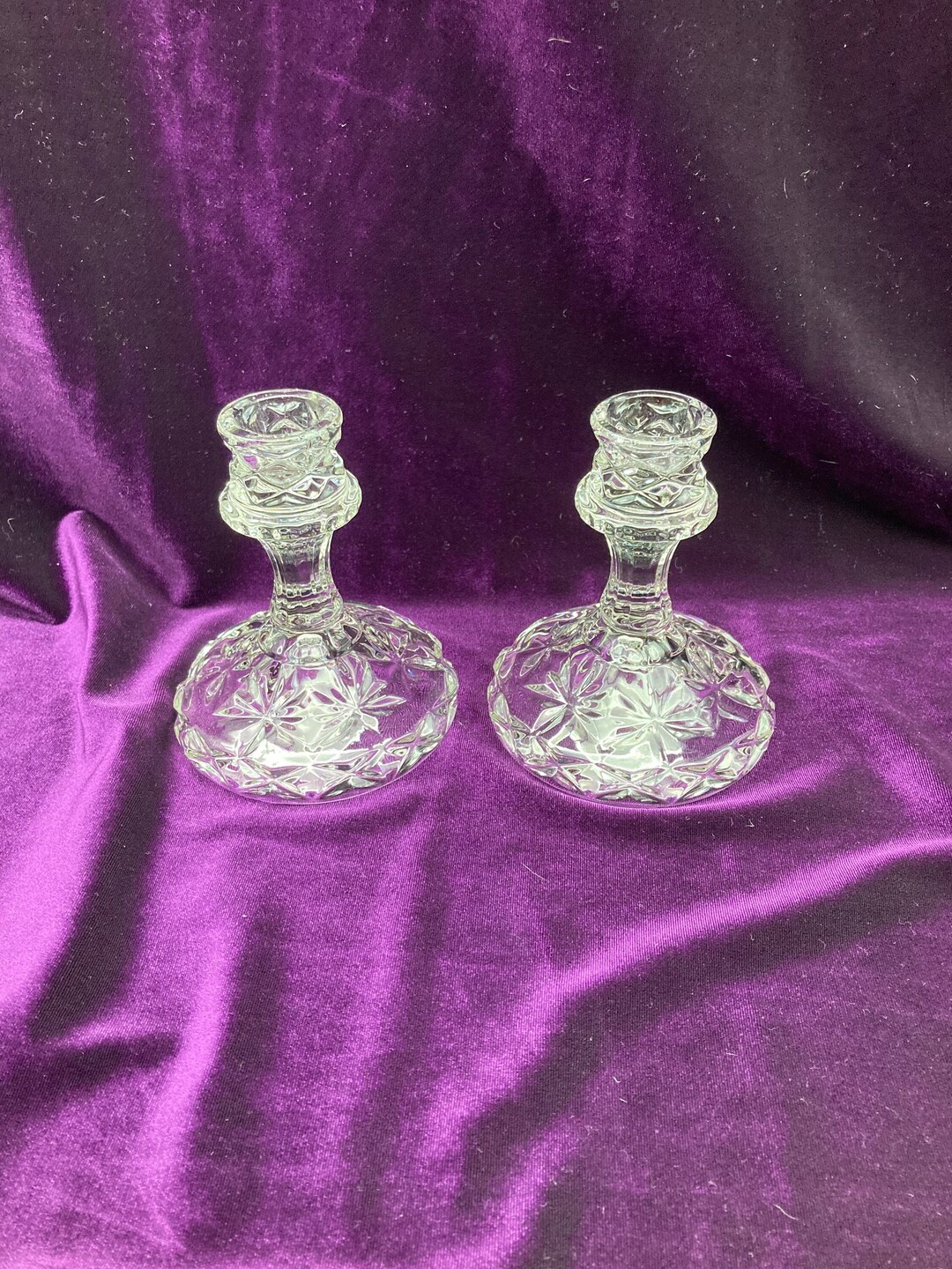 Vintage Pressed Glass Candlestick Pair: Crystal Diamond Star Design - Etsy
