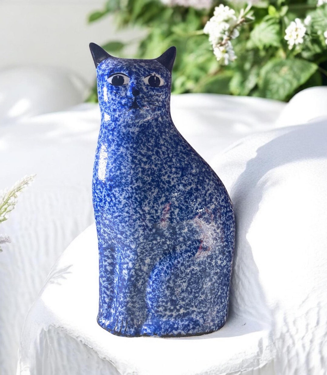 Enesco Ceramic Cobalt Blue Spongeware Design CAT Figurine / Statue Blue ...