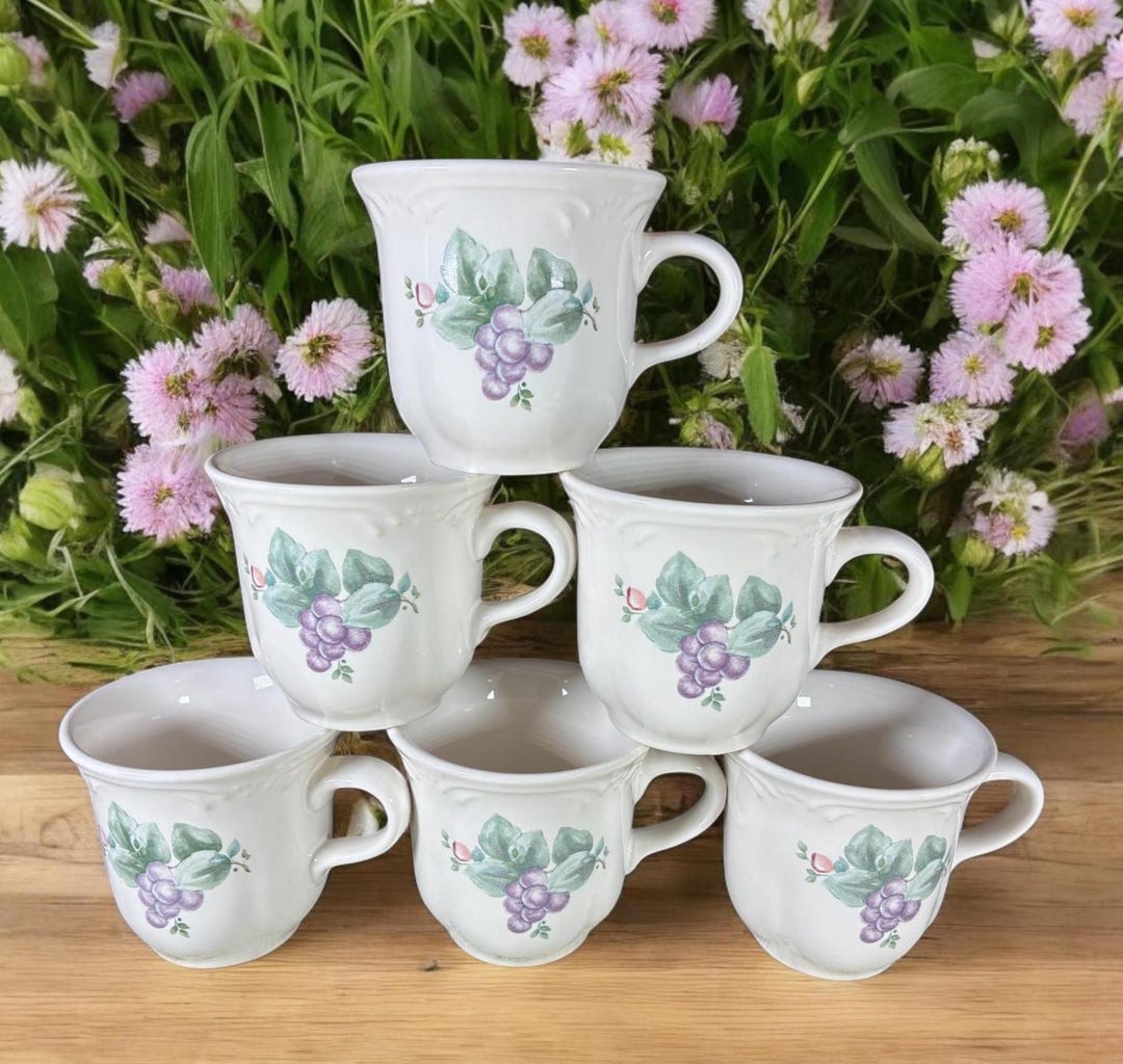 TWO Pfaltzgraff "grapevine" Pattern Flat Cups / Mugs Purple & Green ...