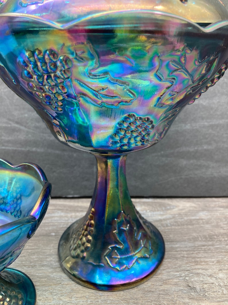 Harvest Blue Carnival Glass Raised Grape Pattern Vintage - Etsy