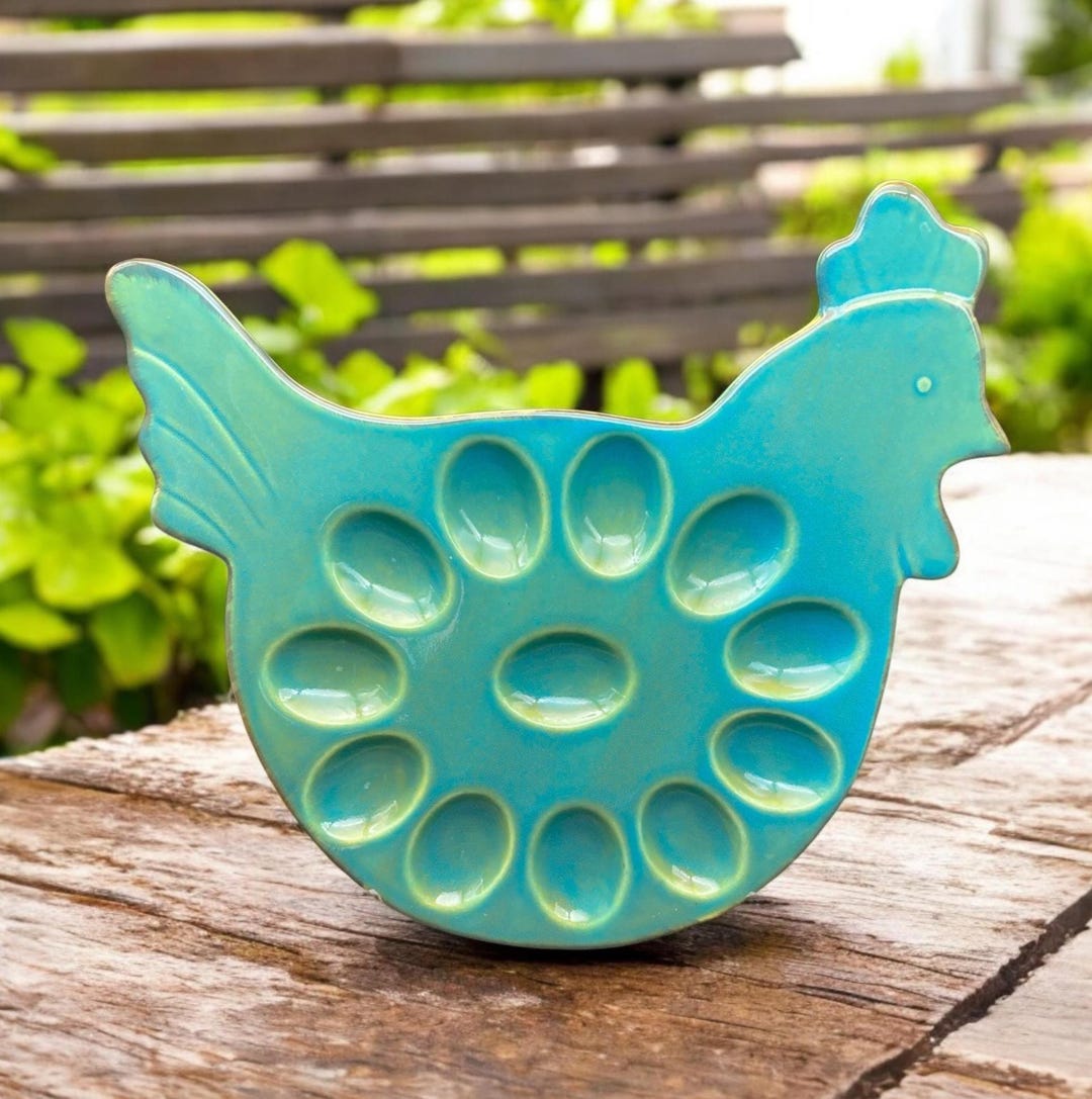 TEAL CHICKEN Hand Painted Ceramic Deviled Egg Serving Plate Gorgeous ...