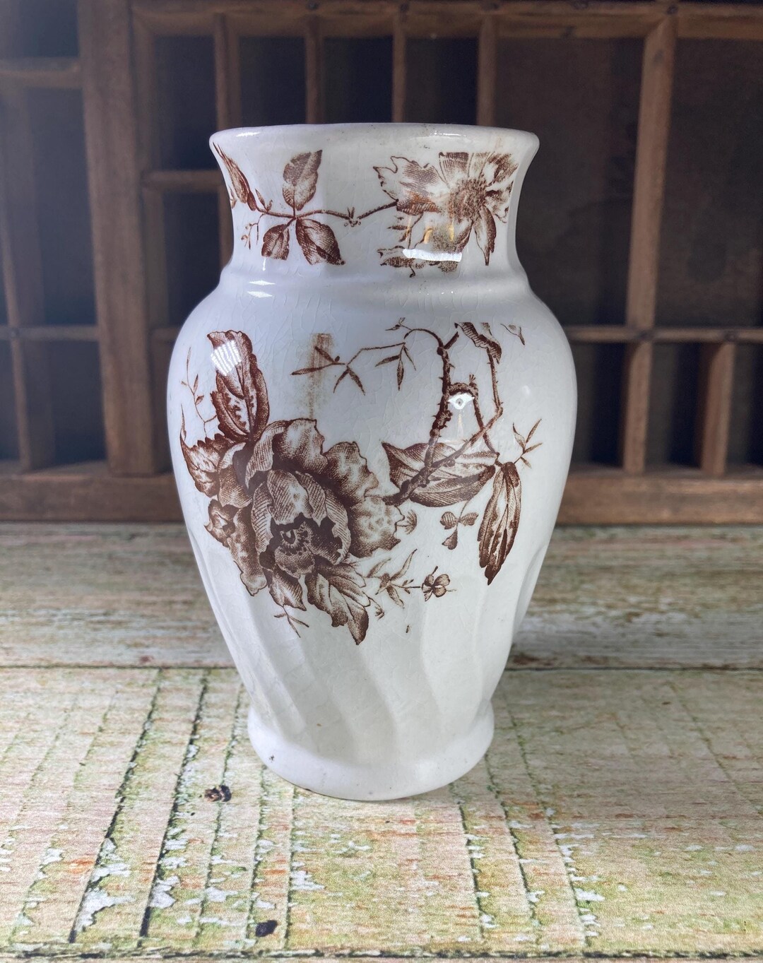 Antique Brown Transferware Vase: Butterflies & Flowers, English ...