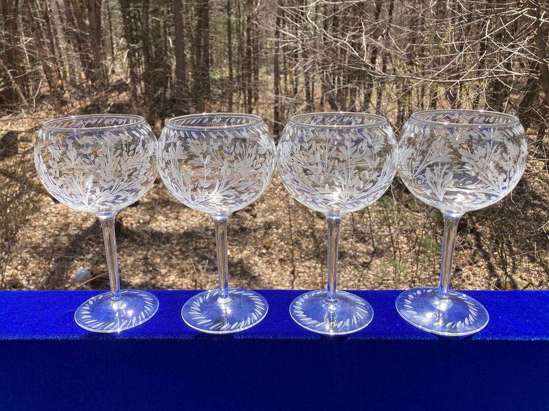 TWO Crystal Etched Balloon Goblets 16 Oz Wine / Water Stemmed Goblets ...