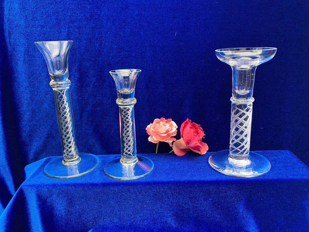 MURANO Art Glass Italian Clear Hand Blown Glass Candlesticks W/center ...
