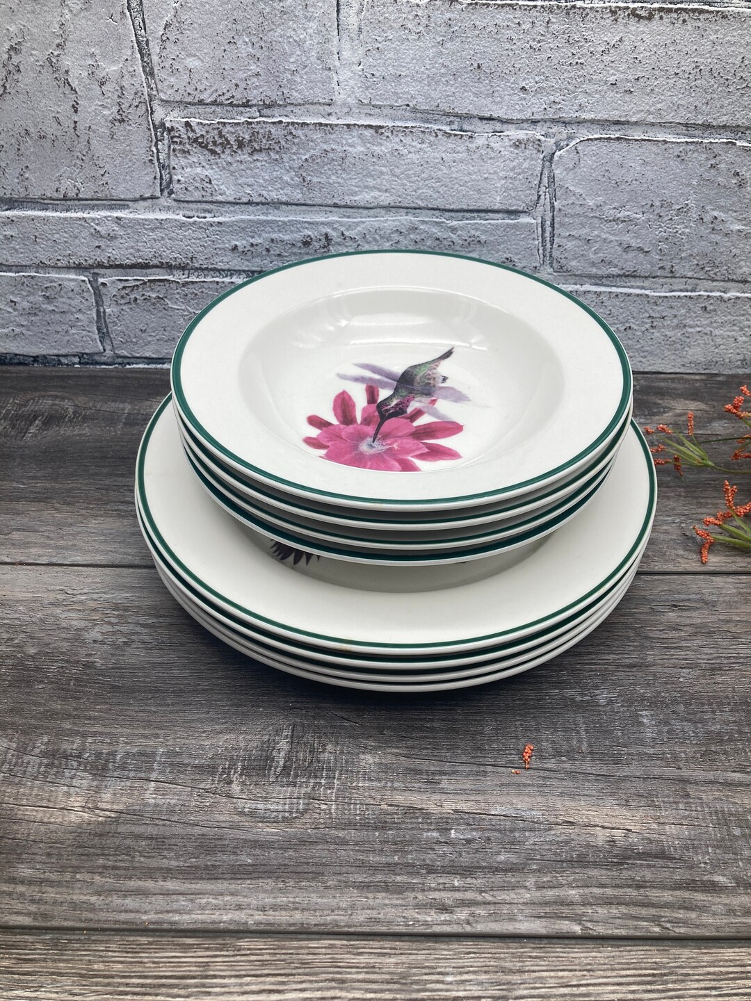 Vintage National Wildlife Federation HUMMINGBIRD Motif Green Rim Dinner ...