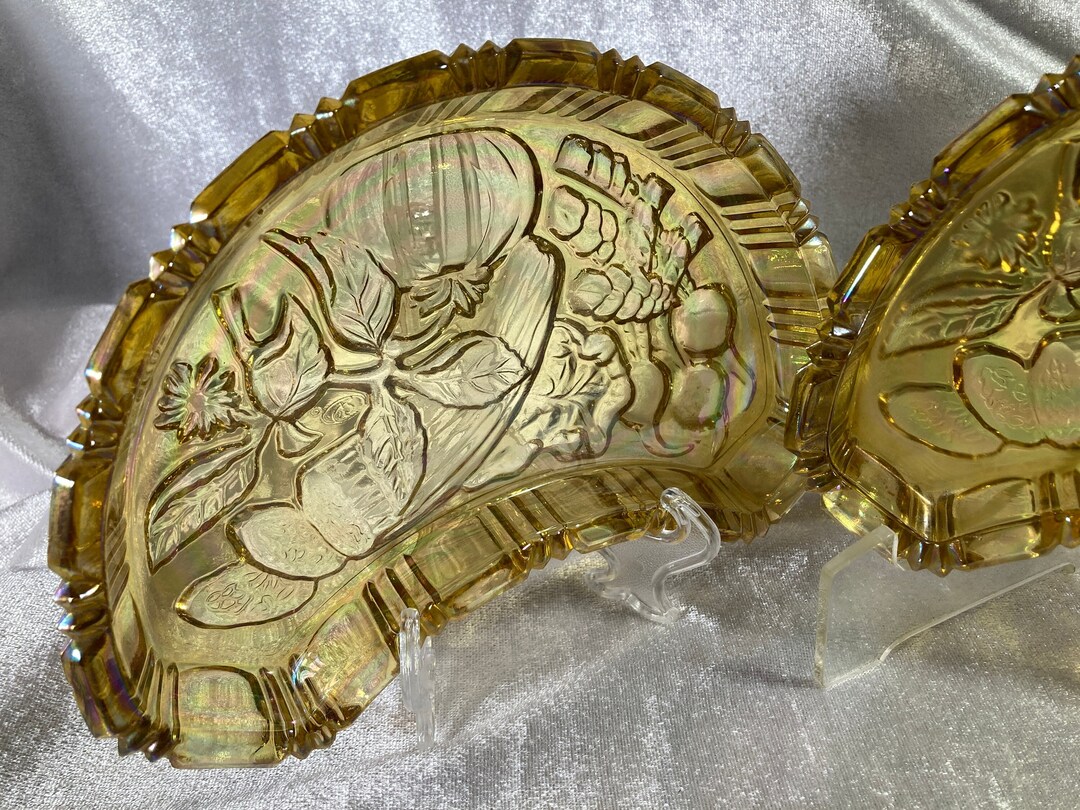 Vintage Carnival Glass TWO Kidney-shaped Dishes Fruit Design Iridescent ...