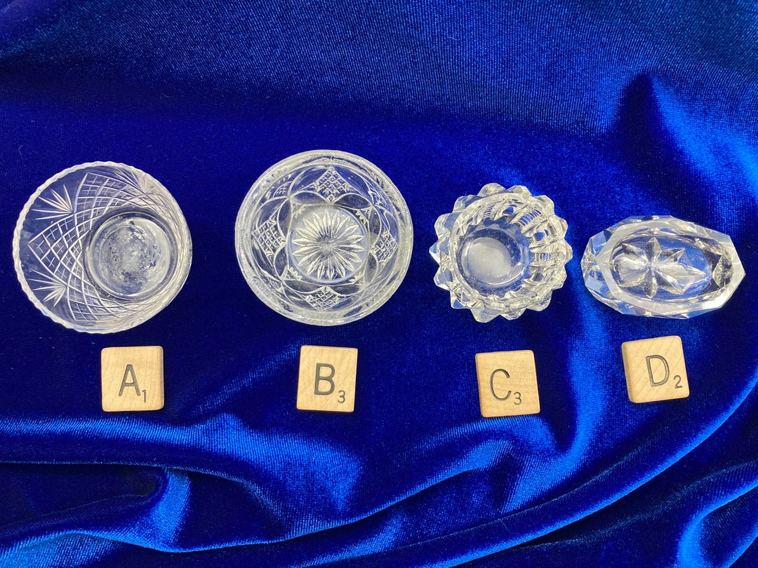 Clear Cut Glass Open Salt Cellars W/abalone Salt Spoons Antique Etched ...