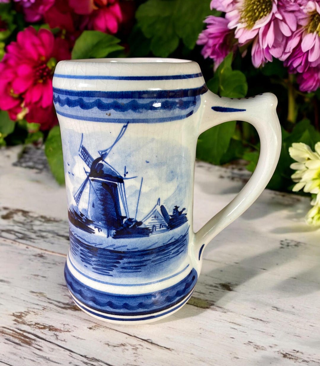 DELFT BLUE ~ Hand Painted ~5" Stein / Mug~ Made in Holland Flower Vase ...