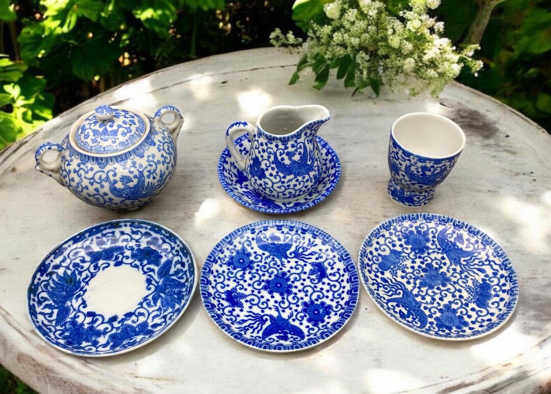 Antique Phoenix Ware Tea Set: Blue and White Oriental Design - Etsy