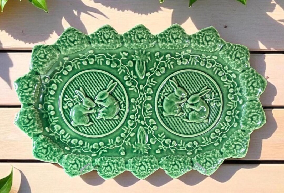 BORDALLO PINHEIRO "rabbit Green" Majolica Oval Sandwich Serving Plate ...