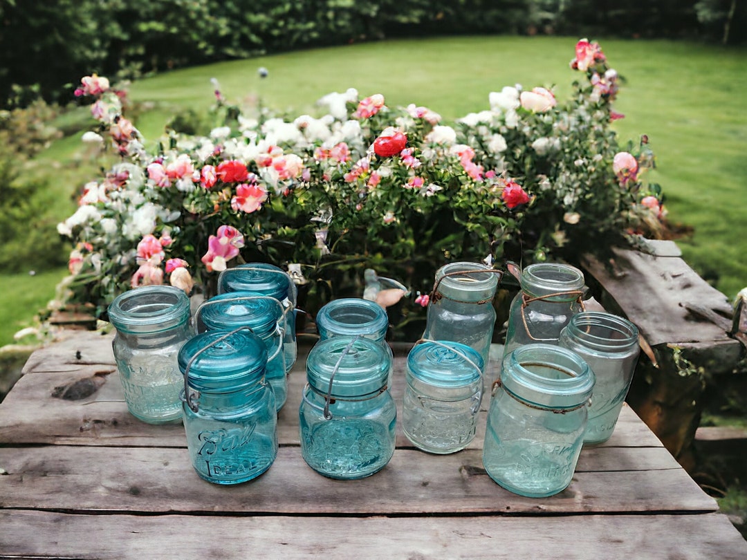 Antique / Vintage Blue Glass Mason Jars Canning Jars Wire Bale Closures ...