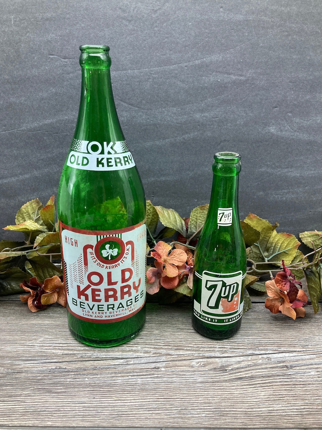 Vintage Green Beverage Bottles ~choose: 7up or Old Kerry Beverages Soda ...