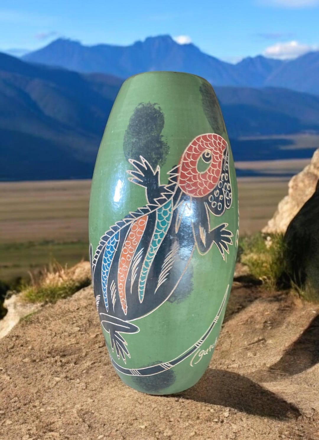 Costa Rican Hand Crafted Folk Art ~ IGUANA~ Etched Clay Vessel ...