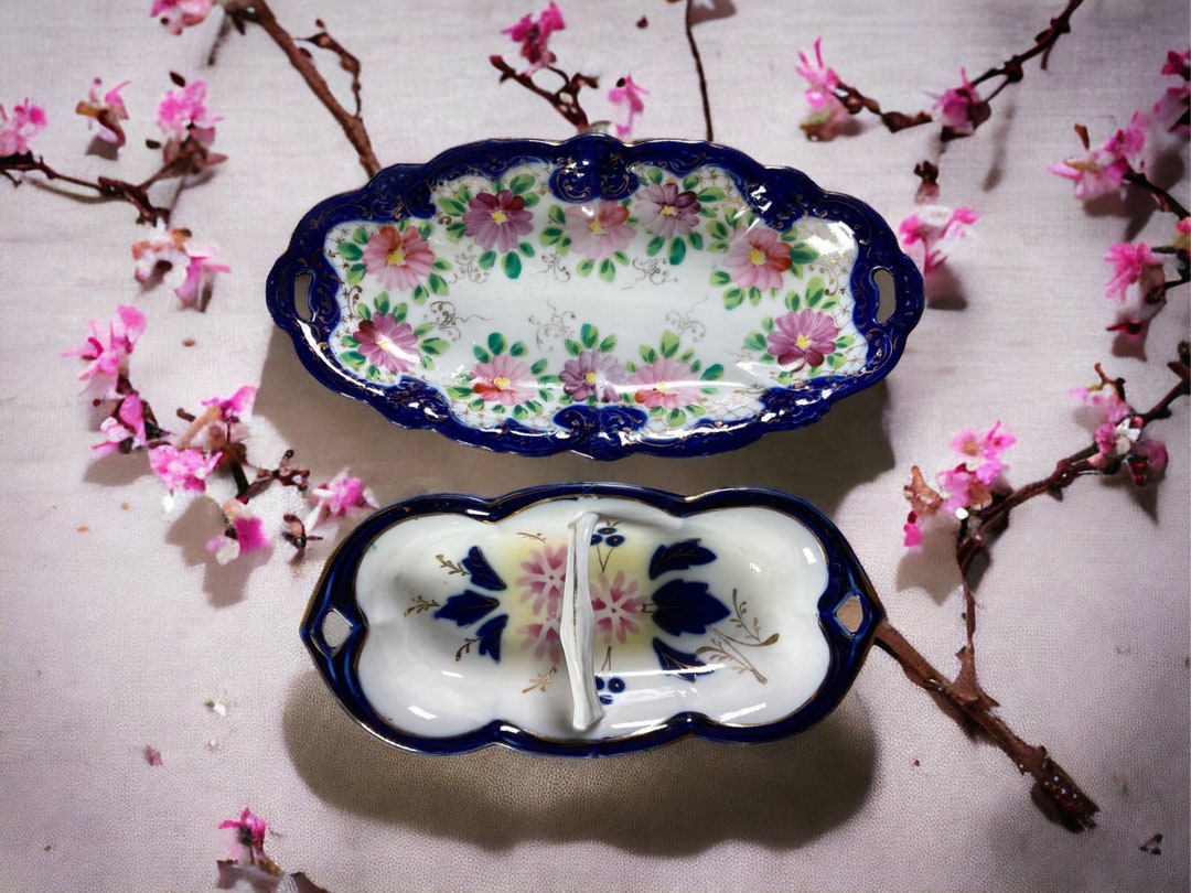 GORGEOUS Porcelain Relish Dishes Set of 2 ~ Cobalt Blue Edging Pink ...