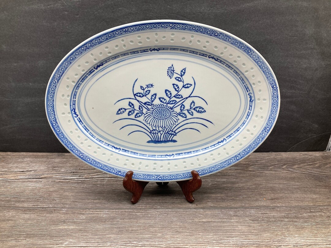 TIENSHAN Jingdezhen Porcelain Chrysanthemum Rice Grains Pattern Blue ...