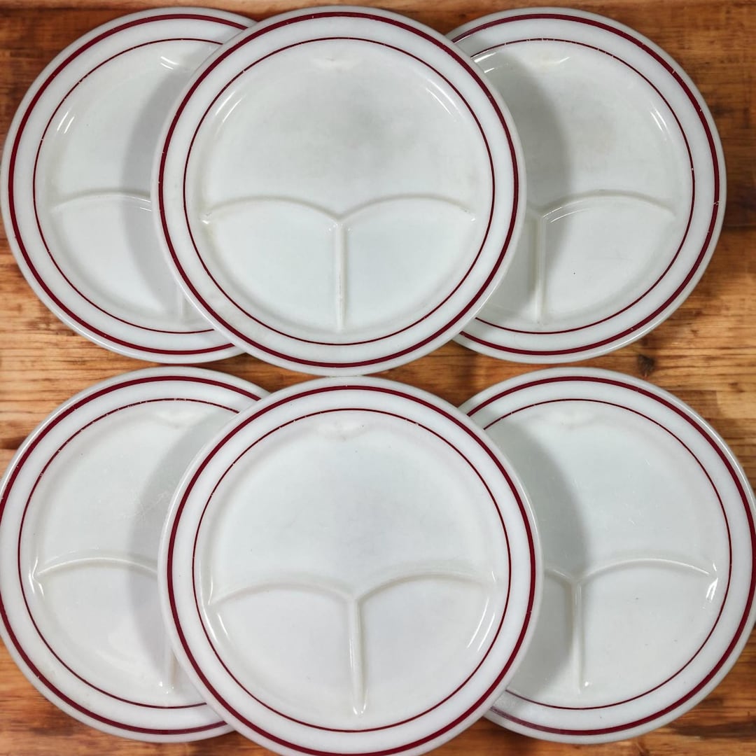 TWO Corning Opal Glass Restaurant Ware Grill Plates "ruby Band" Pattern ...