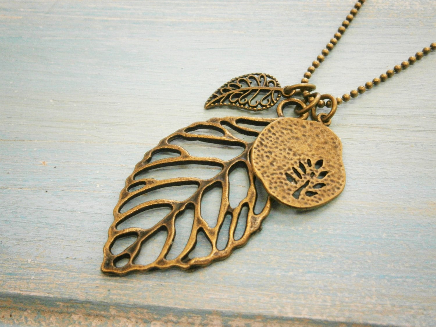 Antique Bronze Filigree Leaf Necklace With Small Filigree Leaf and ...