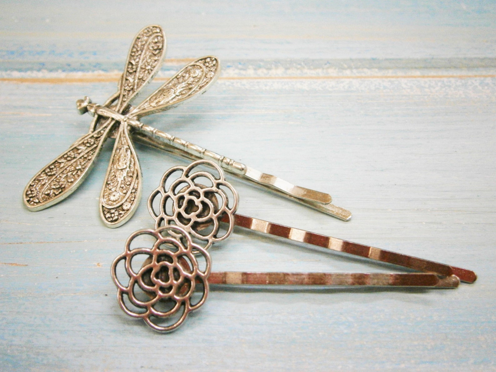Antique Silver Plated Dragonfly & Filigree Flower Bobby Pin - Etsy