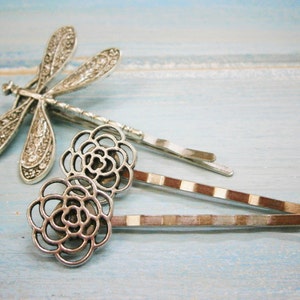 Antique Silver Plated Dragonfly & Filigree Flower Bobby Pin - Etsy