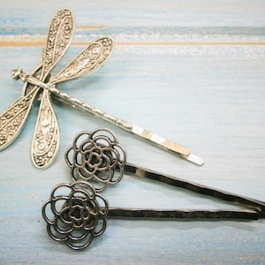 Antique Silver Plated Dragonfly & Filigree Flower Bobby Pin - Etsy
