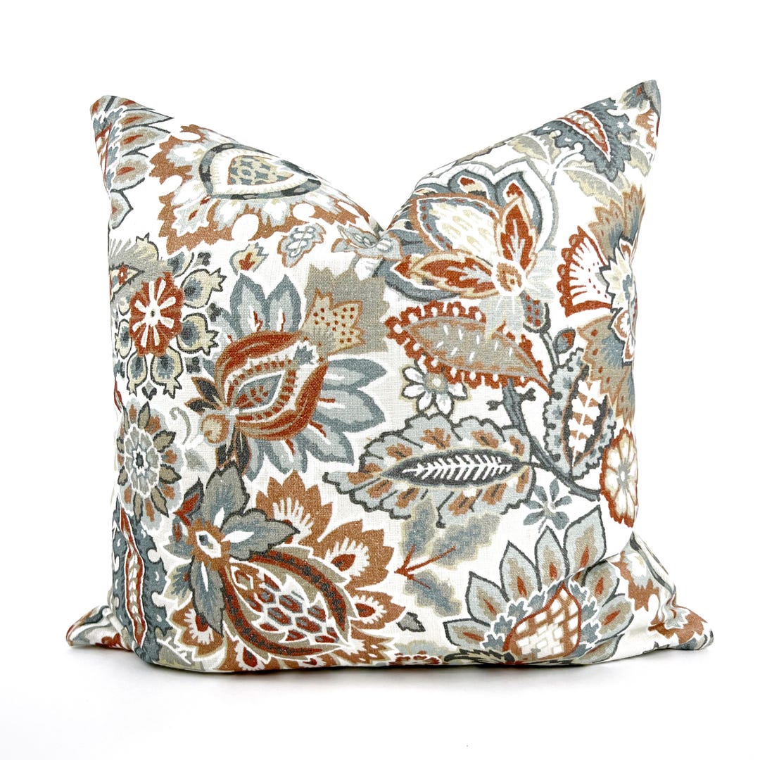 Rust and Blue Floral Pillow Cover - Etsy