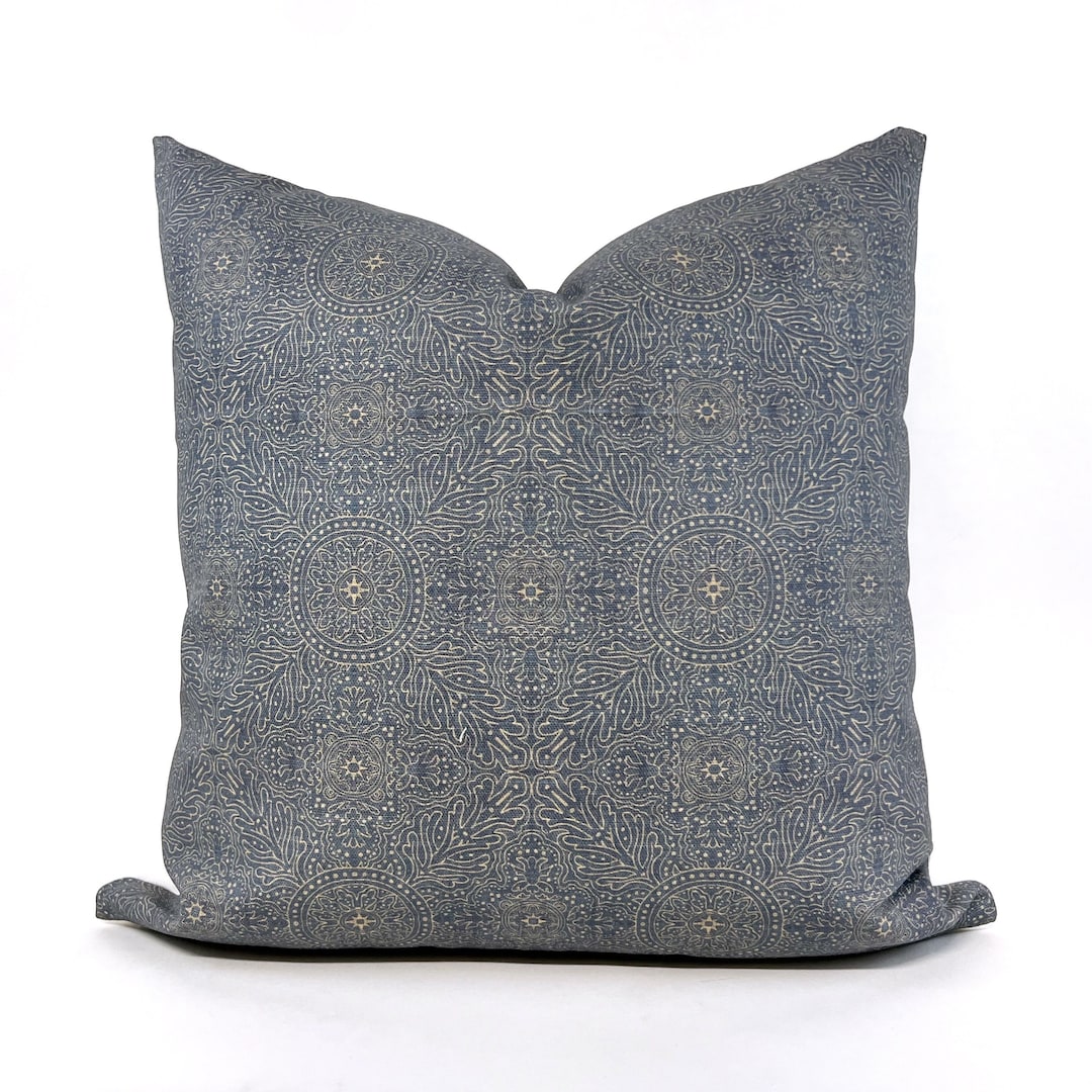 Dusty Blue and Beige Medallion Pillow Cover, Denim Blue Pillow ...
