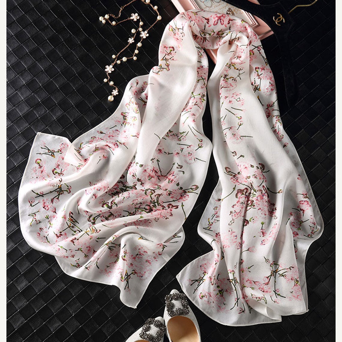 Pink Floral Silk Scarf With Cherry Blossom Print Gray Sakura - Etsy