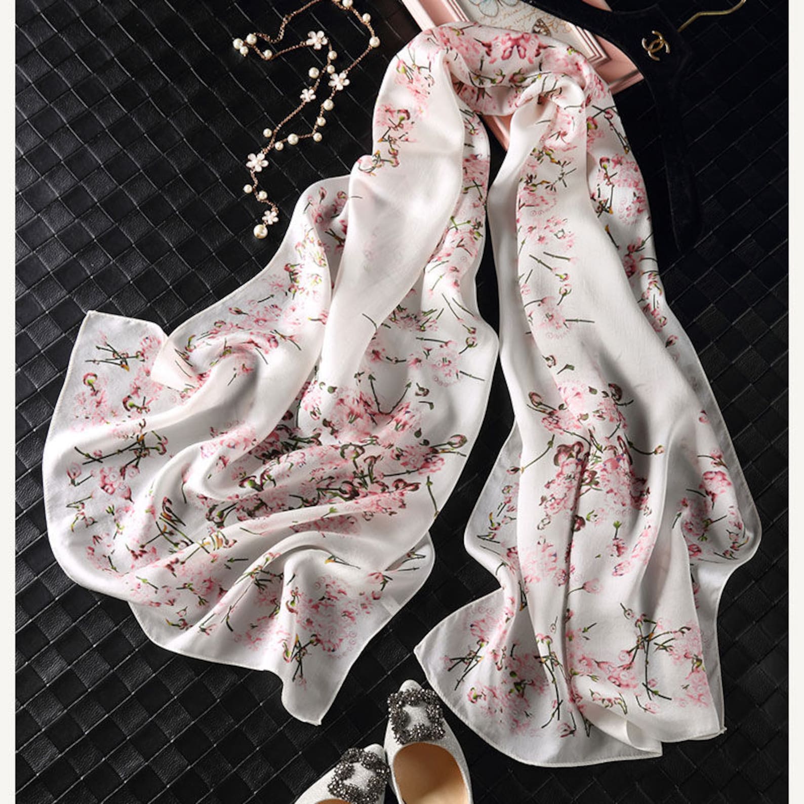 Pink Floral Silk Scarf With Cherry Blossom Print Gray Sakura - Etsy
