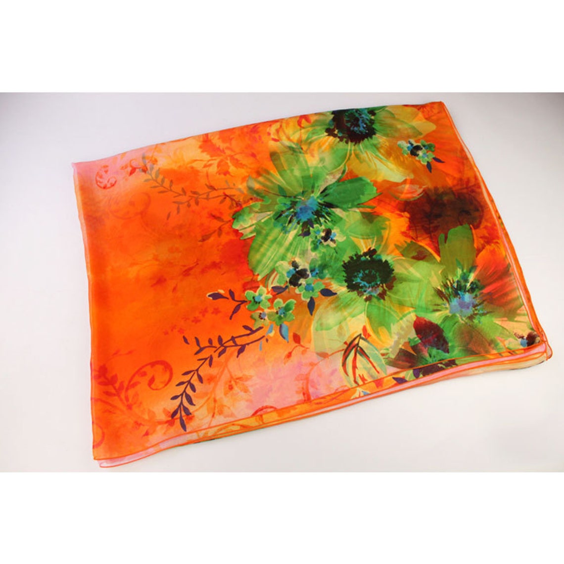 Bright Orange Floral Silk Scarf Orange Silk Chiffon Scarf - Etsy