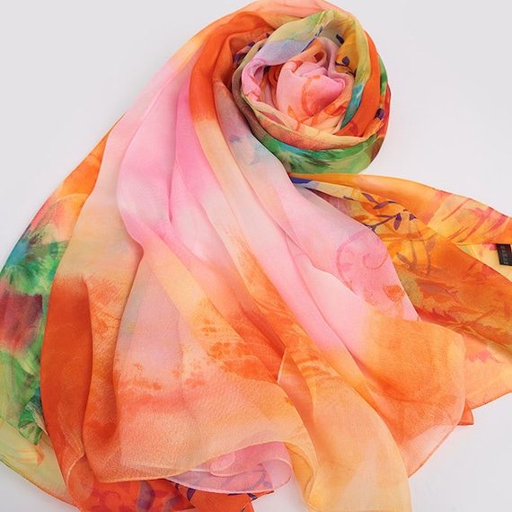Floral Printed Silk Chiffon Scarf Silk Scarf With Floral Print Large Silk Scarf Green Floral Silk Scarf AS2015 13 Etsy Canada