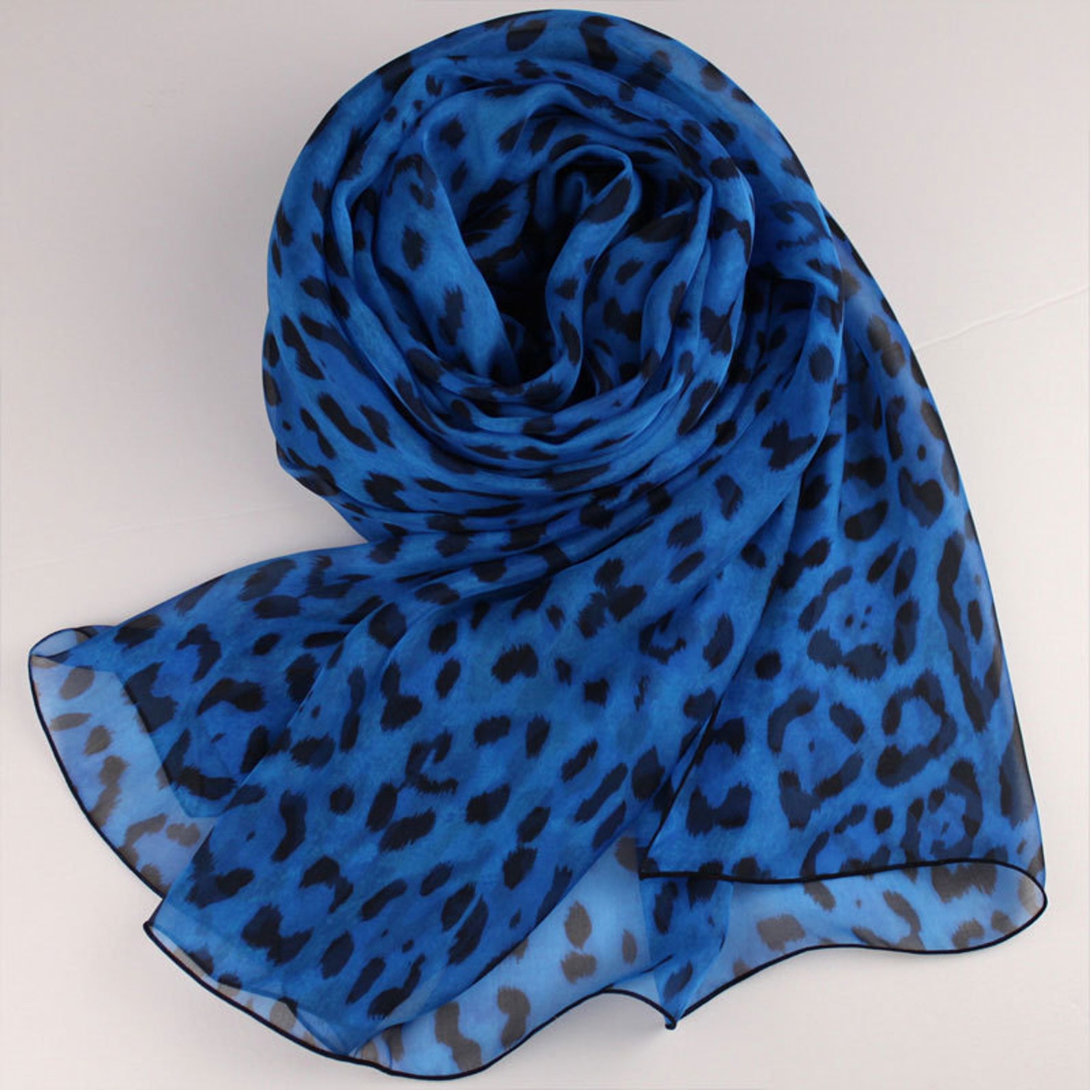 Blue Silk Chiffon Scarf With Leopard Print - Leopard Printed Silk ...