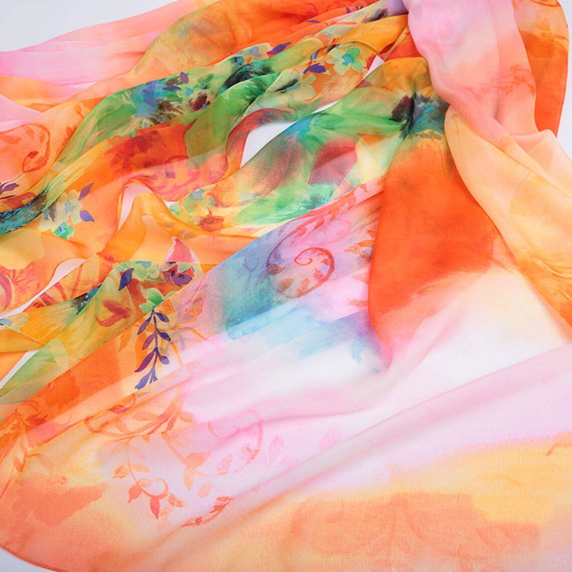 Floral Printed Silk Chiffon Scarf Silk Scarf With Floral Print Large ...