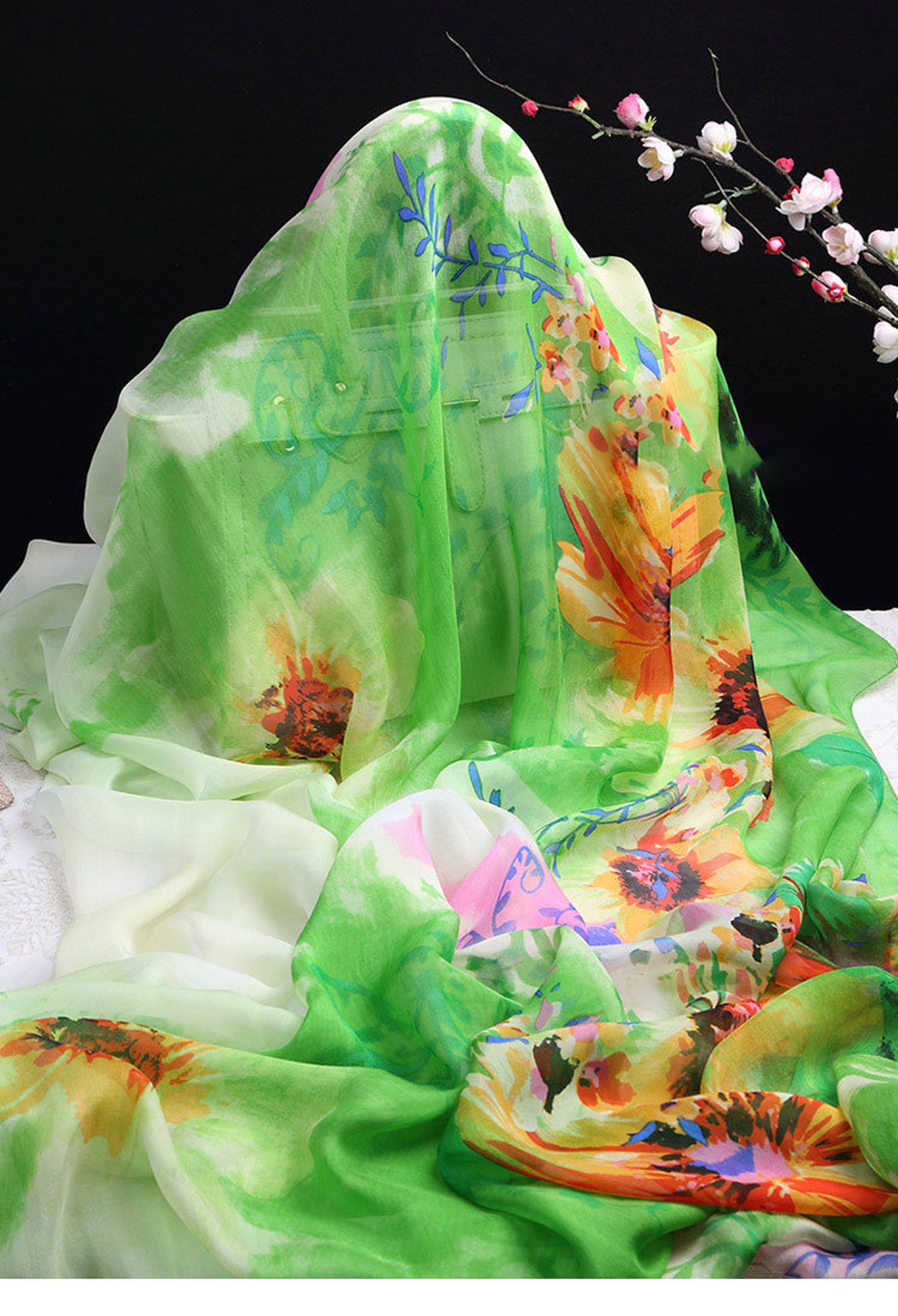 Floral Printed Silk Chiffon Scarf Silk Scarf With Floral Print Large ...