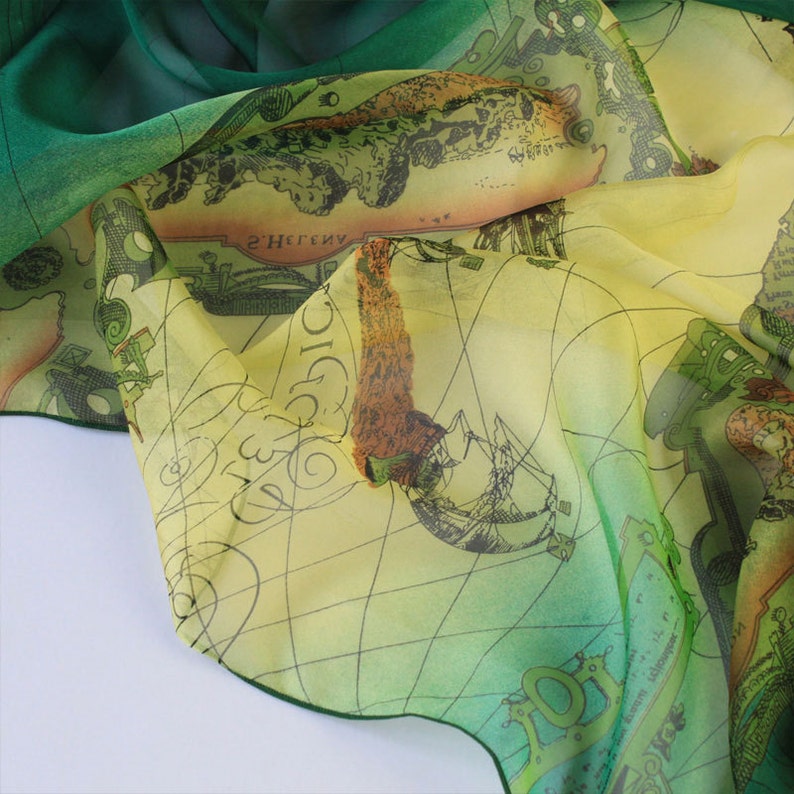 Dark Green Silk Chiffon Scarf With Map Print - Green Mulberry Silk ...