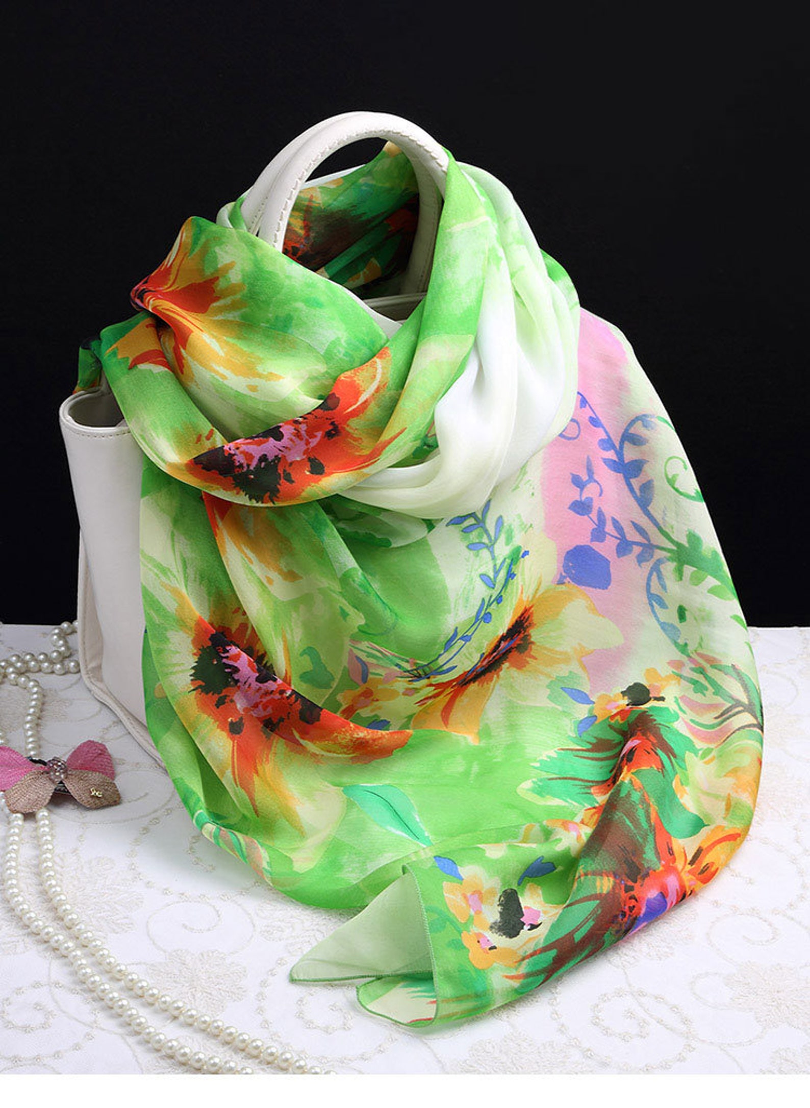 Floral Printed Silk Chiffon Scarf Silk Scarf With Floral Print Large ...