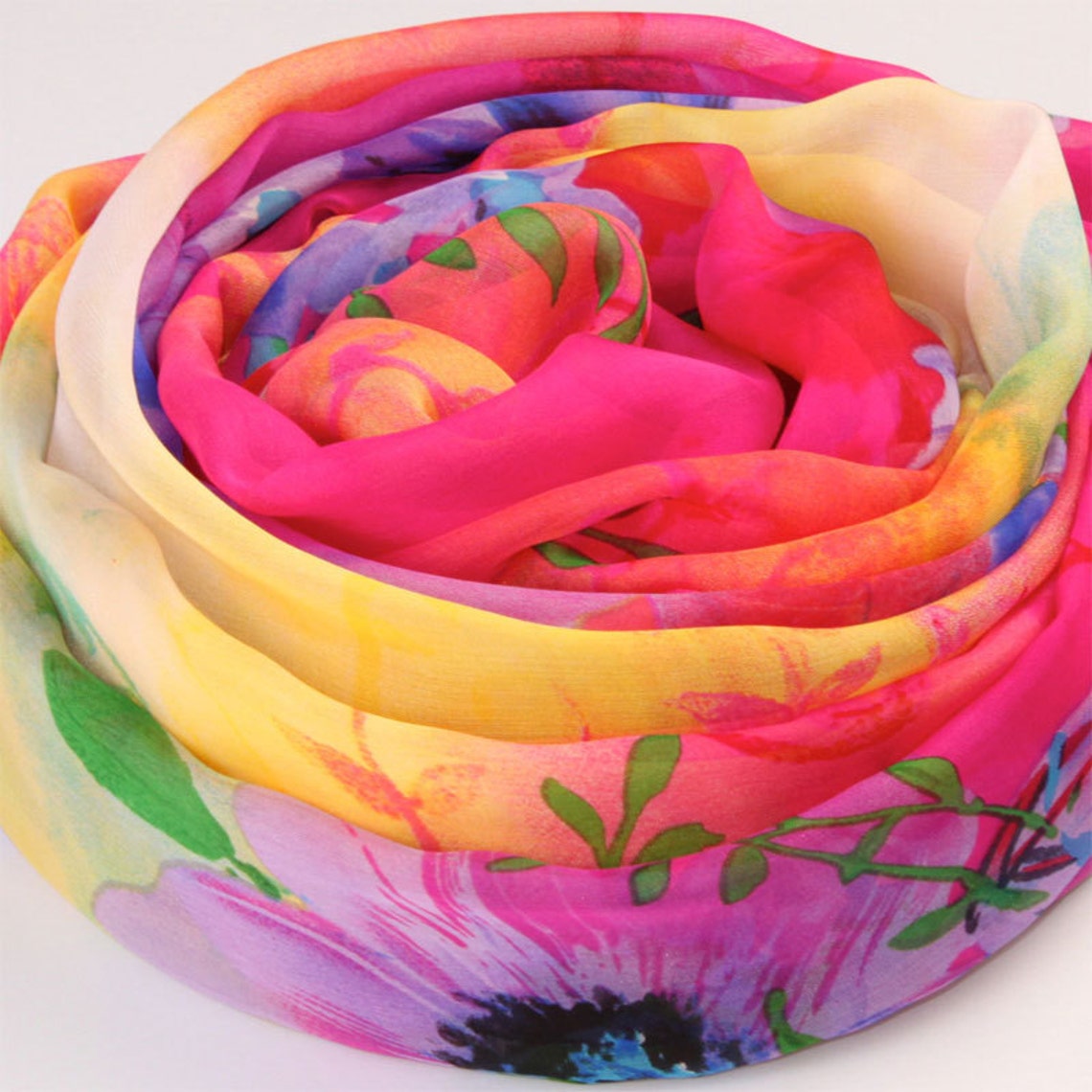 Deep Pink Silk Scarf With Large Floral Print Floral Silk | Etsy